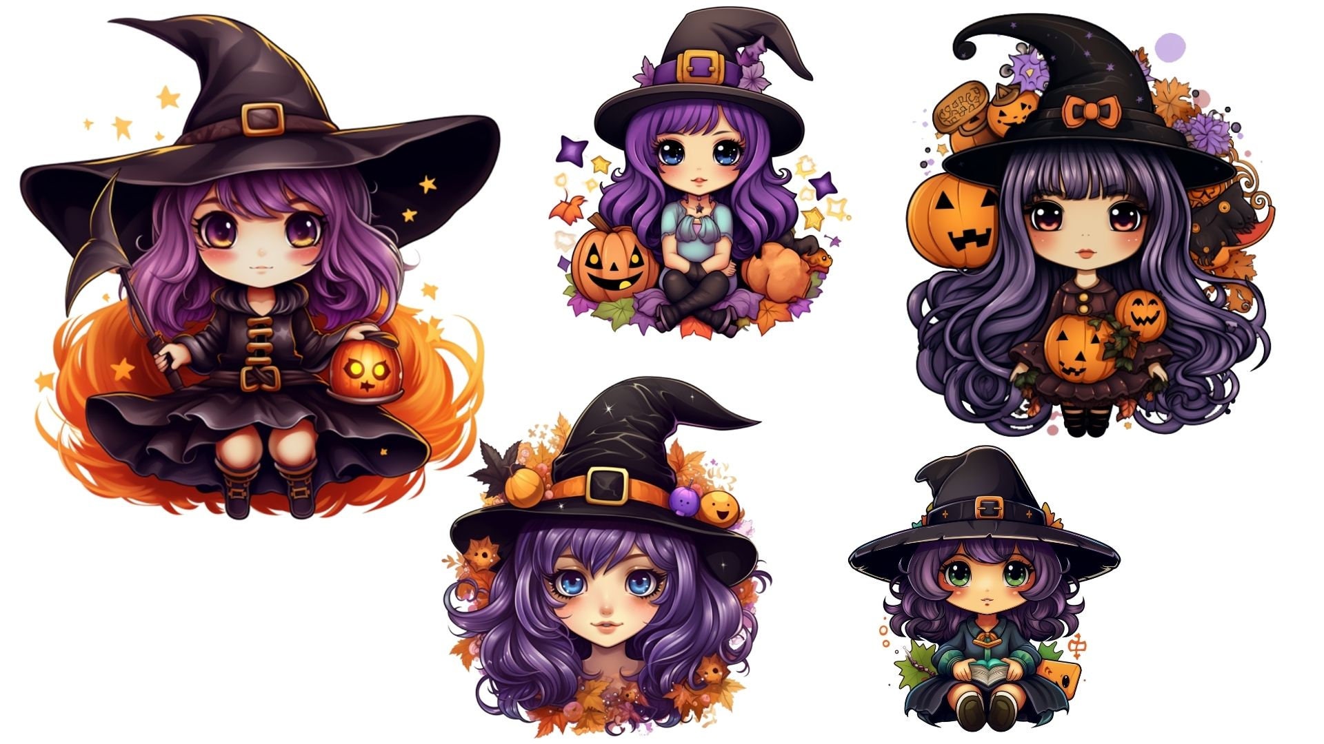 48-pack Kawaii Cute Witches Clipart PNG, 300 DPI, Transparent ...
