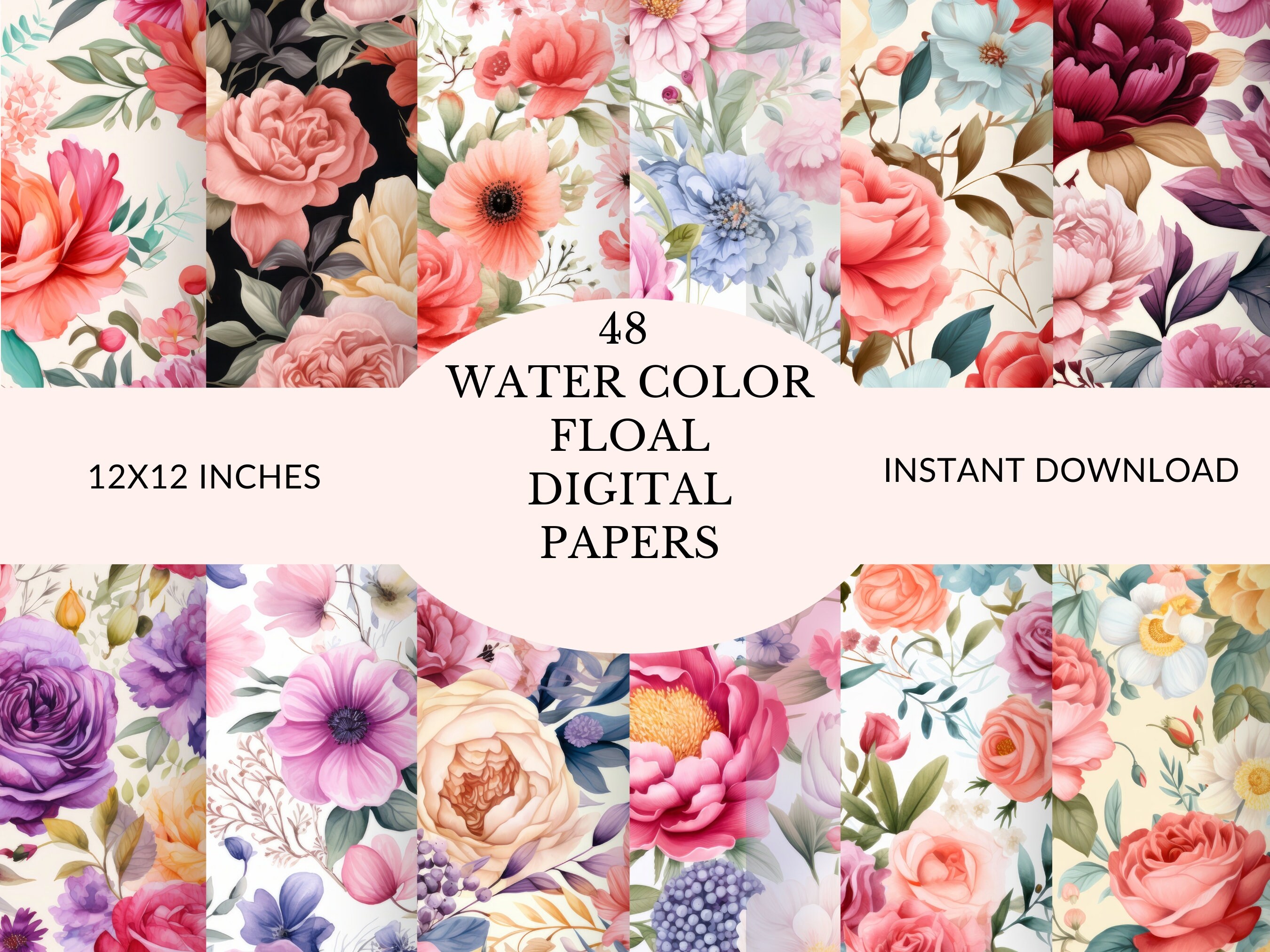 48-pack Watercolor Floral Digital Scrapbook Paper - Perfect for ...