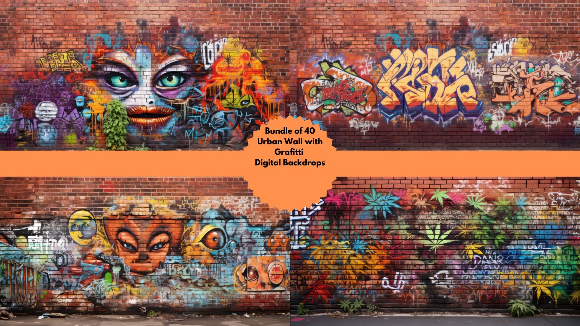 Bundle of 40 Graffiti Digital Backdrops Photography Backgrounds ...