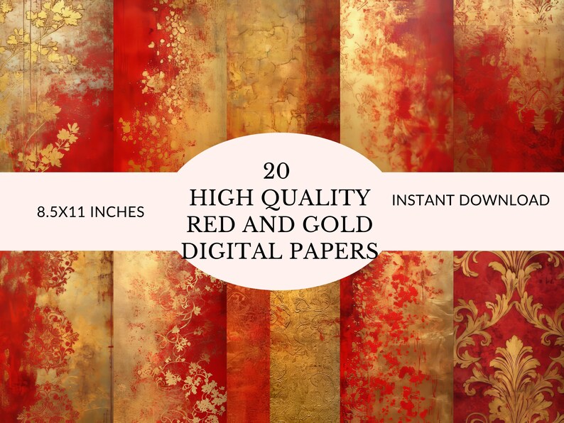 Red & Gold Digital Papers: High-res Designs for Junk Journals and ...