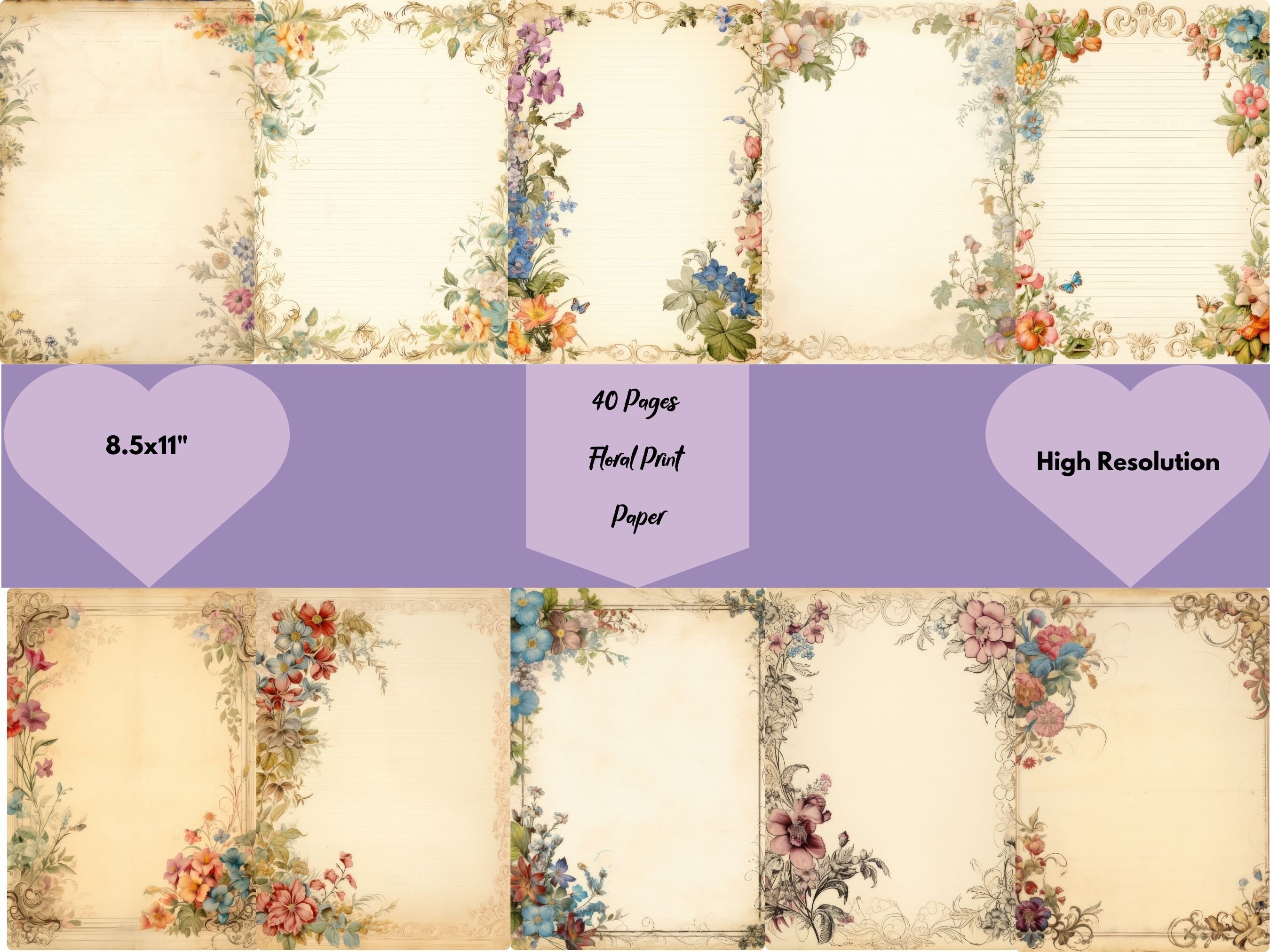 40-pack Floral Borders - Digital Papers for Scrapbooking, Junk Journals ...