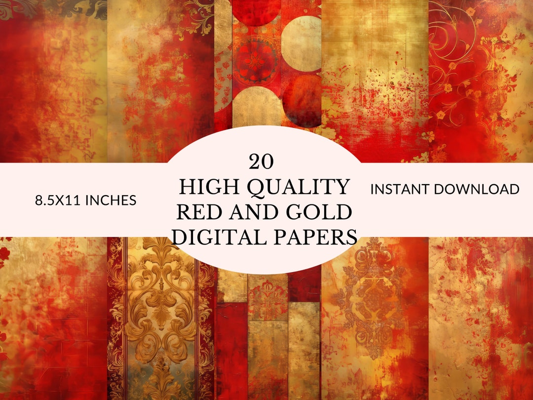 Red & Gold Digital Papers: High-res Designs for Junk Journals and ...