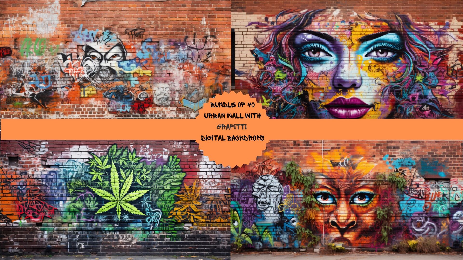 Bundle of 40 Graffiti Digital Backdrops Photography Backgrounds ...