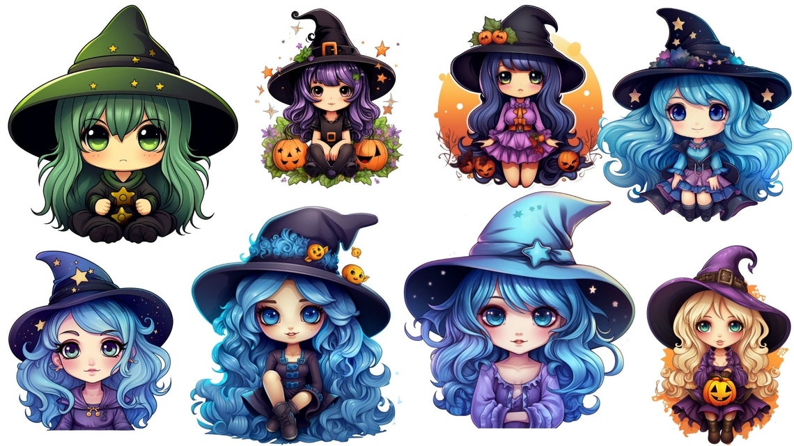 48-pack Kawaii Cute Witches Clipart PNG, 300 DPI, Transparent ...