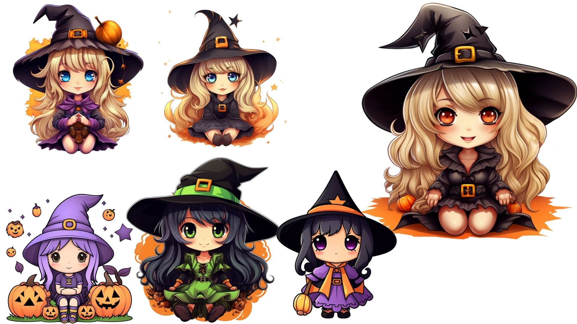 48-pack Kawaii Cute Witches Clipart PNG, 300 DPI, Transparent ...
