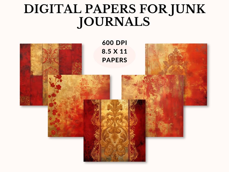 Red & Gold Digital Papers: High-res Designs for Junk Journals and ...