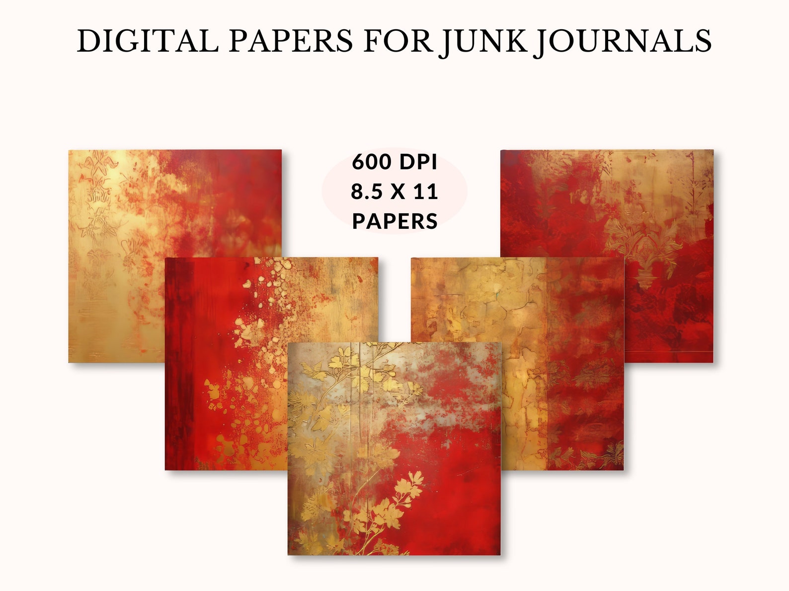 Red & Gold Digital Papers: High-res Designs for Junk Journals and ...