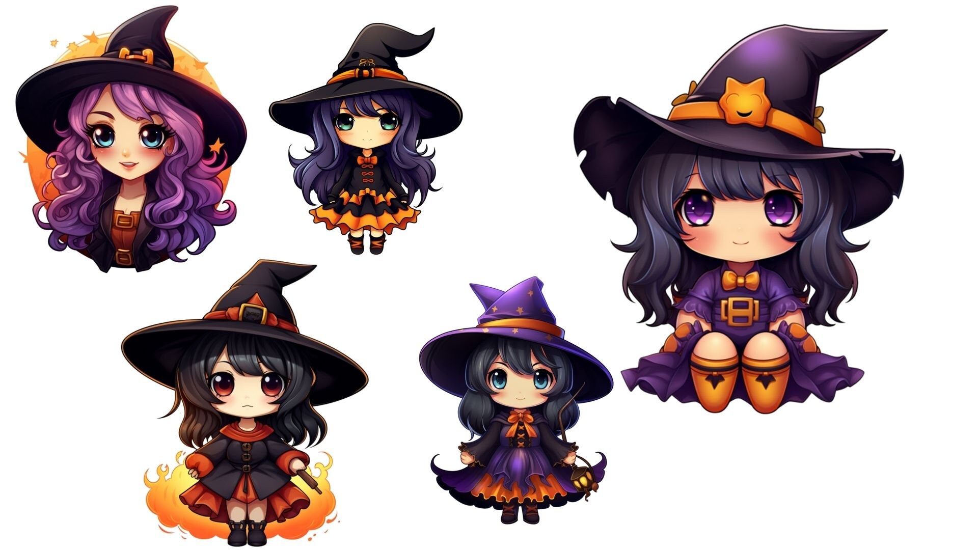 48-pack Kawaii Cute Witches Clipart PNG, 300 DPI, Transparent ...