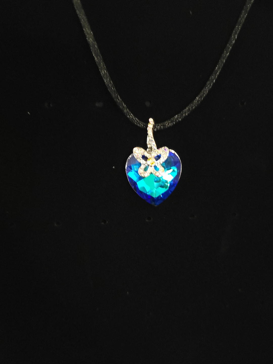 Bermuda Blue Crystal Heart With Rhinestone Butterfly Pendant Necklace ...