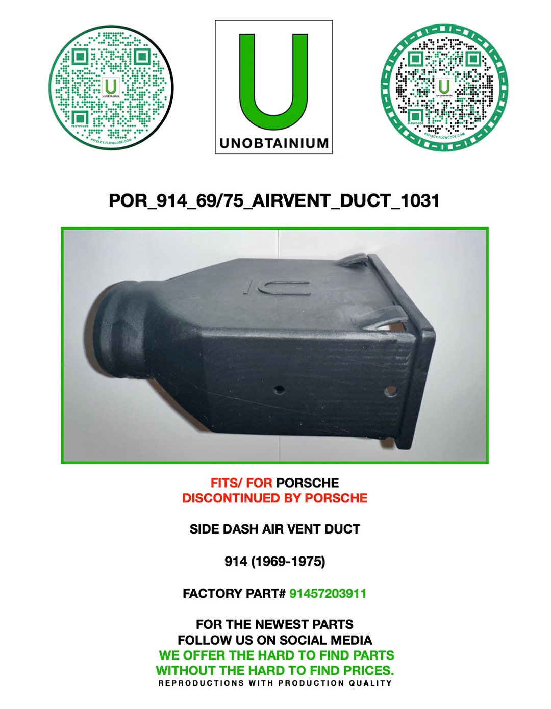 Porsche 914 Dash Air Duct Part# 91457203911 - Etsy