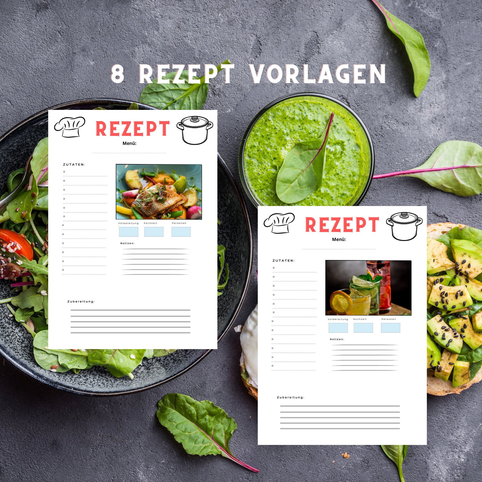 8 druckbare Rezept Karten - Rezept Vorlagen | Karten für Rezeptbuch ...