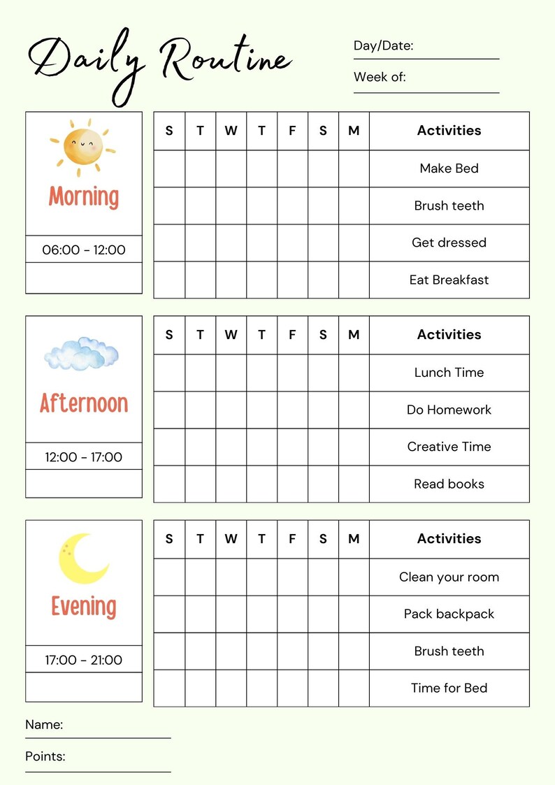 Lista de verificación diaria escolar para niños, tabla de tareas ...