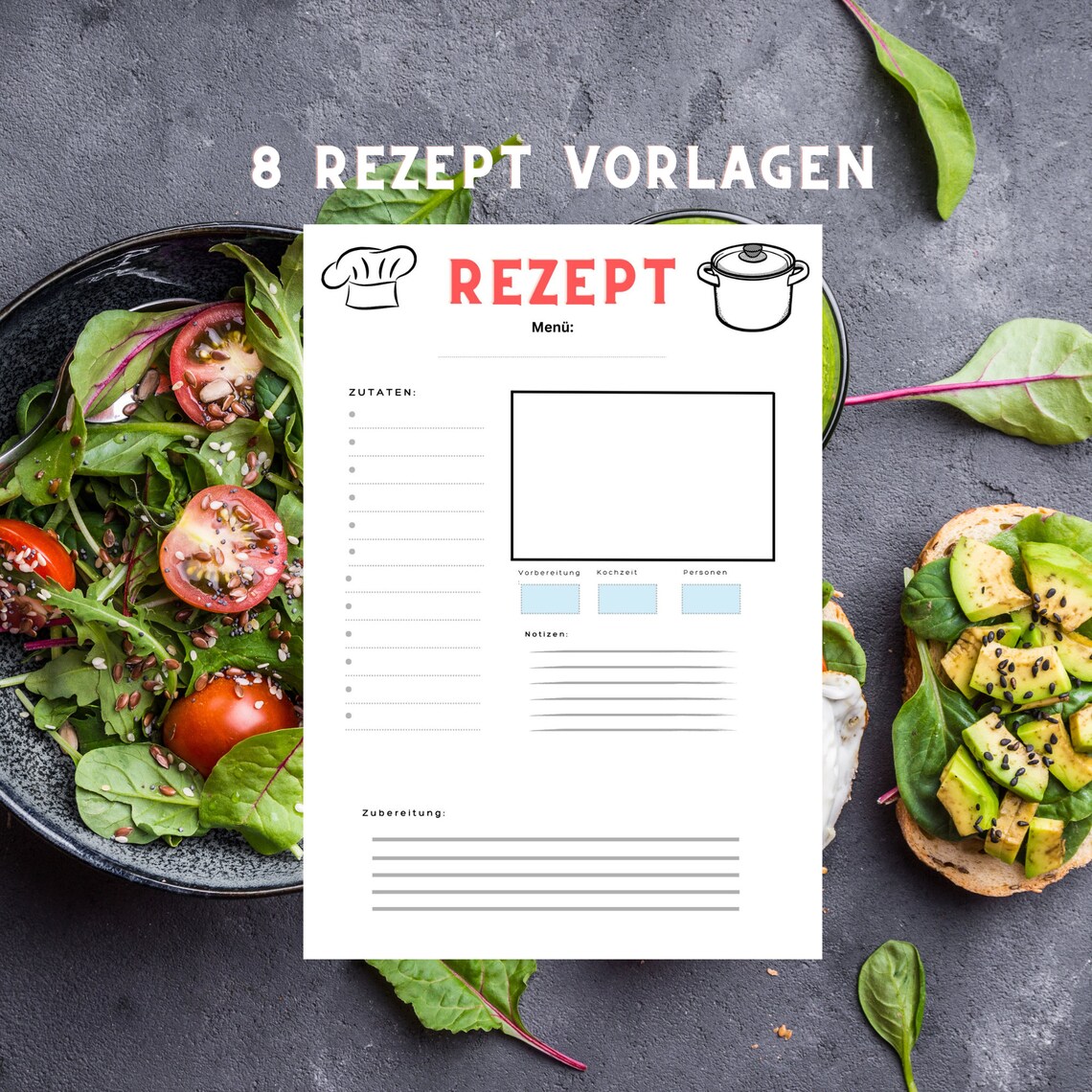 8 druckbare Rezept Karten - Rezept Vorlagen | Karten für Rezeptbuch ...