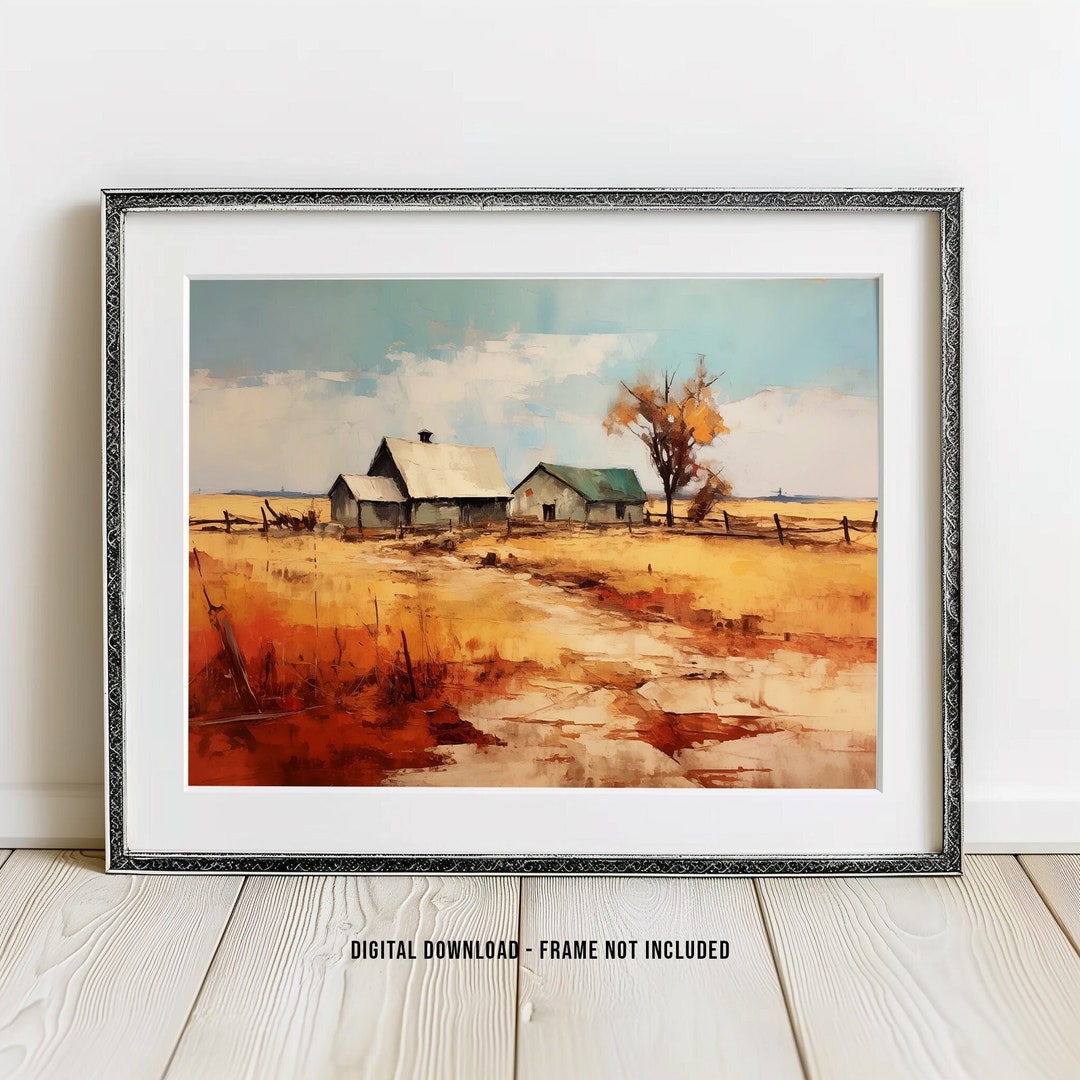 Rustic Farmhouse Art Print Country Landscape Painting Autumn Fields ...