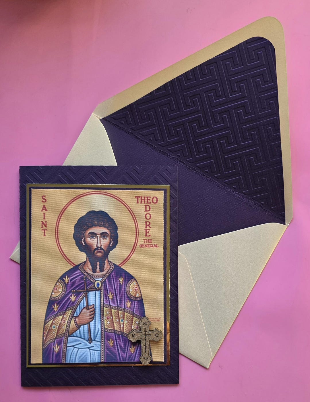 Greek Orthodox St Theodore Icon Handmade Card, Lined Embossed Envelope ...