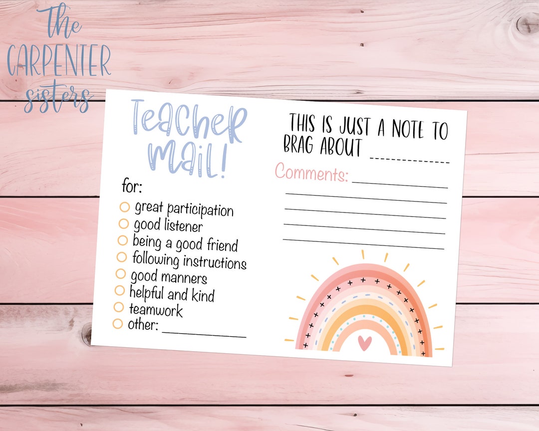 Teacher Mail, Digital Download, Teacher Card to Parents, Rainbow Note ...