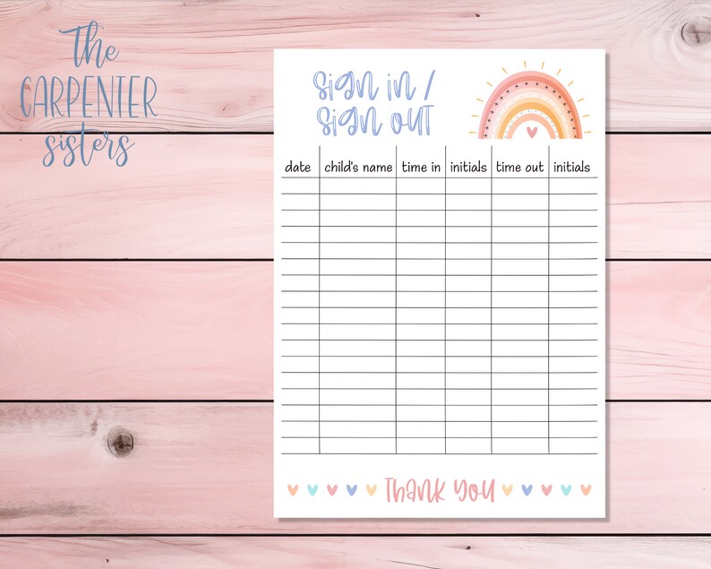 Sign in Sign Out Sheet , Digital Download, Childcare Attendance ...