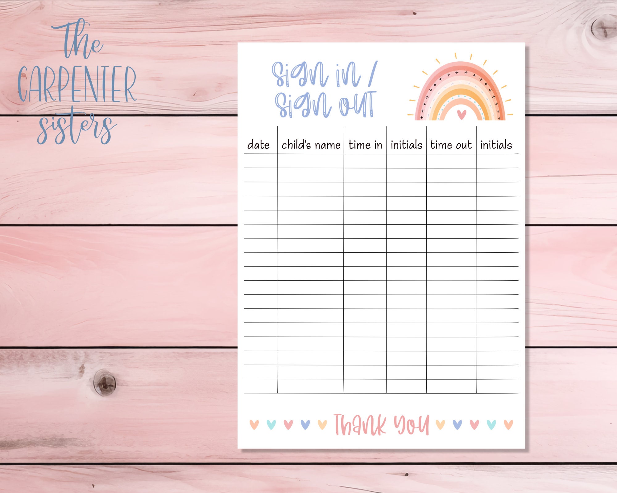 Sign in Sign Out Sheet , Digital Download, Childcare Attendance ...