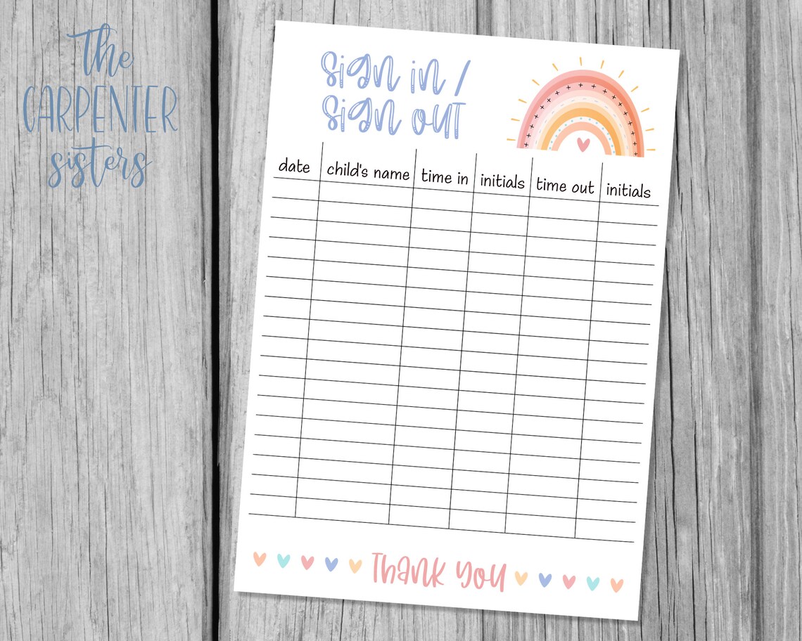 Sign in Sign Out Sheet , Digital Download, Childcare Attendance ...