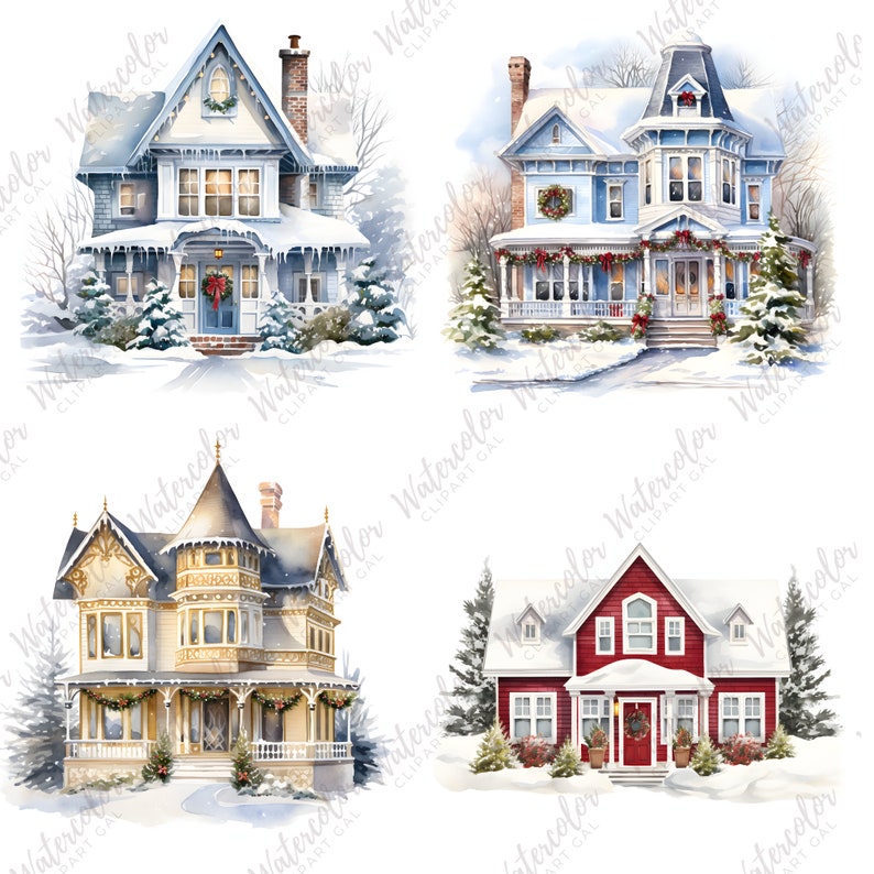 Christmas Houses PNG Watercolor Bundle Christmas Village Houses ...