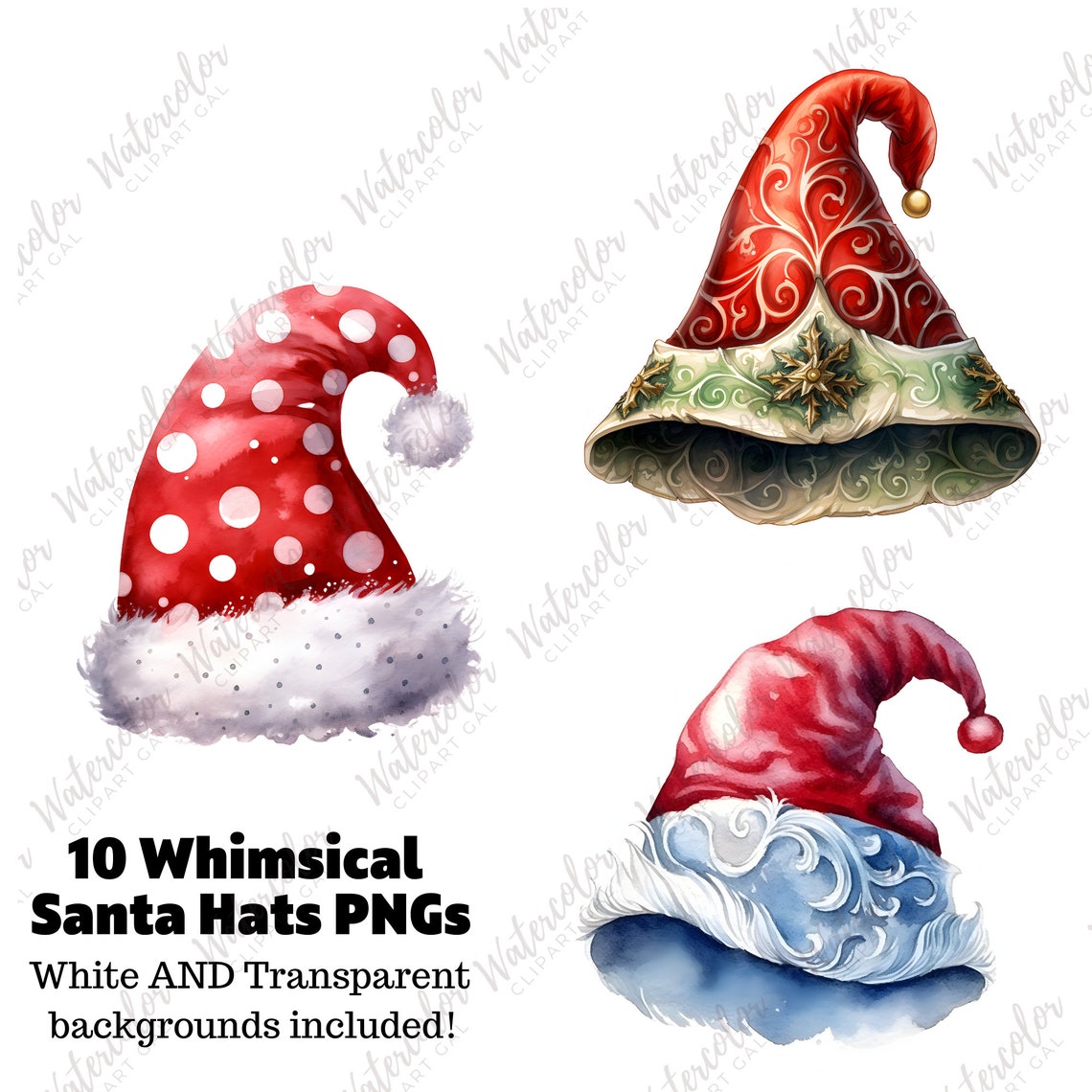 Whimsical Santa Hats Clipart PNG Watercolor Bundle Unique Santa Hat ...