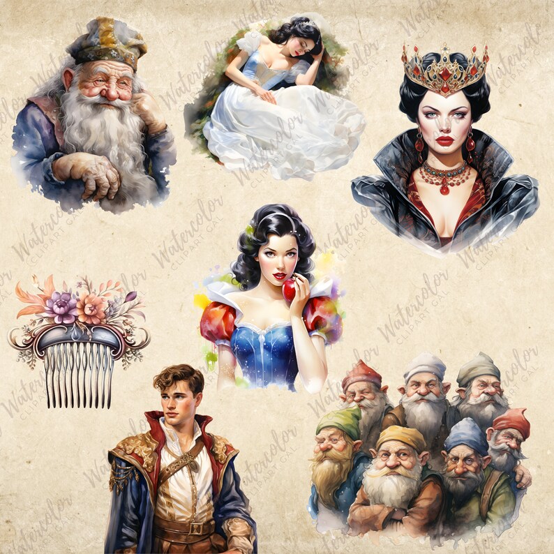 Snow White PNG Watercolor Bundle Snow White Clipart Fairytale Princess ...