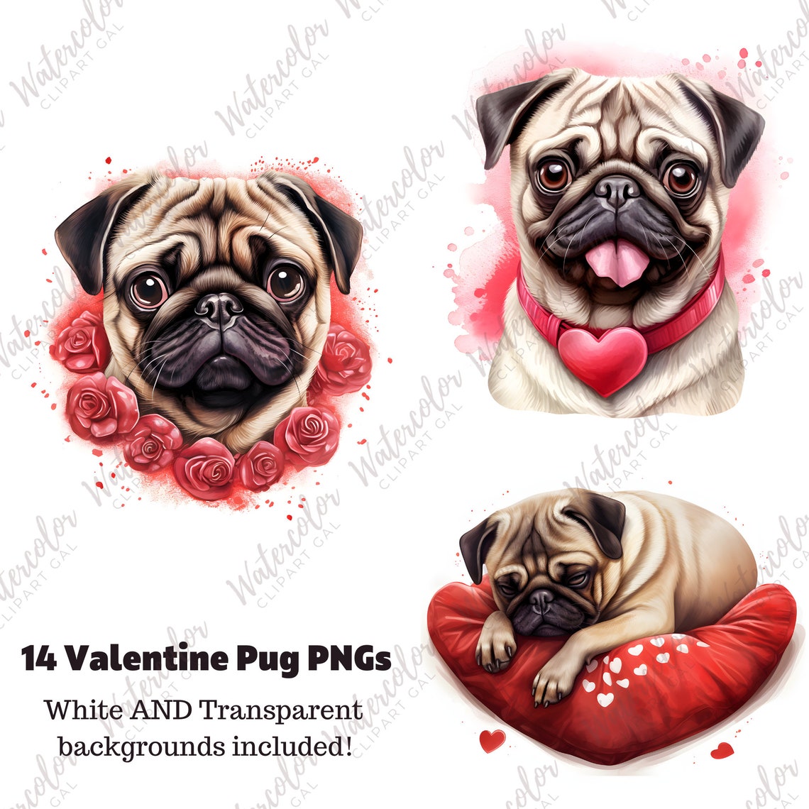 Valentines Day Pug Clipart Watercolor Bundle | Valentine's Day Clipart ...