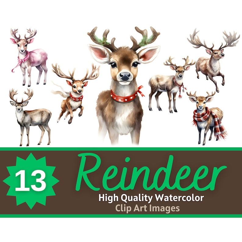 Santa's Reindeer Clipart PNG Watercolor Bundle Christmas Reindeer ...