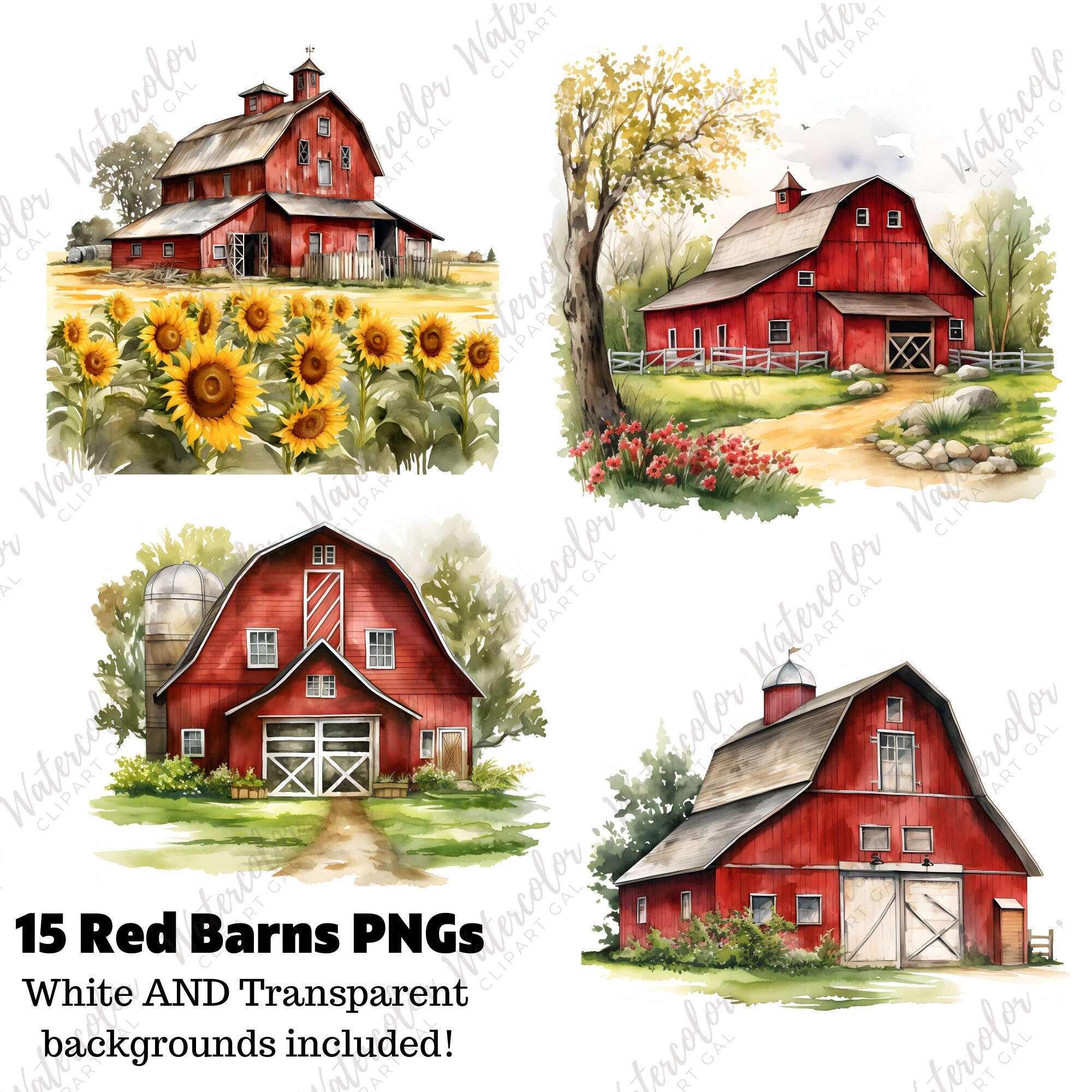 Vintage Red Barn Clipart Watercolor PNG Bundle Farmers House Pngs ...