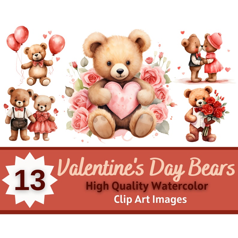 Valentine's Day Bear Watercolor Bundle Valentines Day Clipart Cute Bear ...