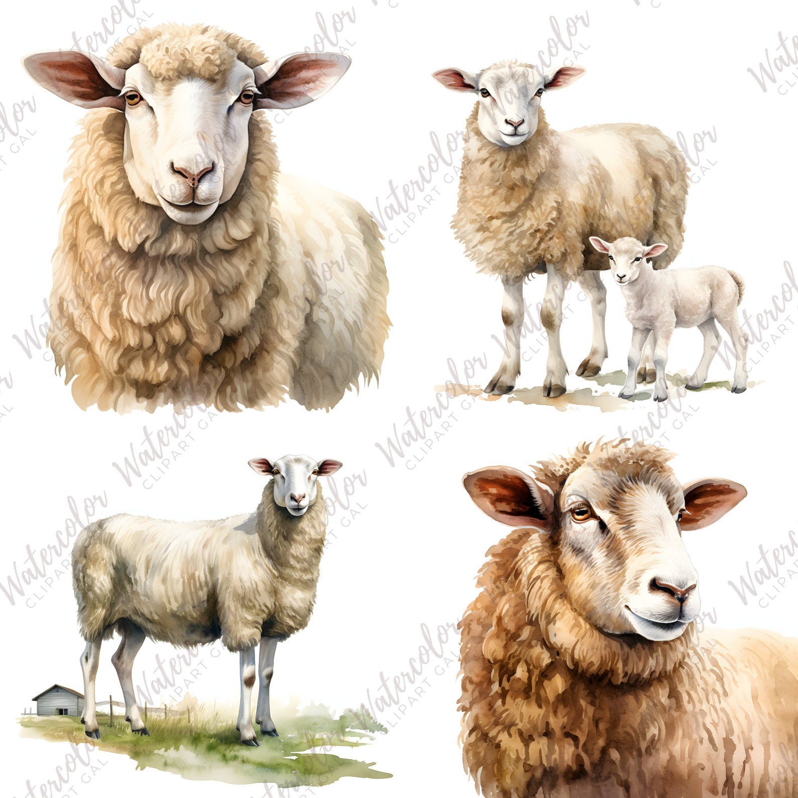 Sheep Clipart Watercolor Bundle Cute Animal Clipart Barnyard Birthday ...