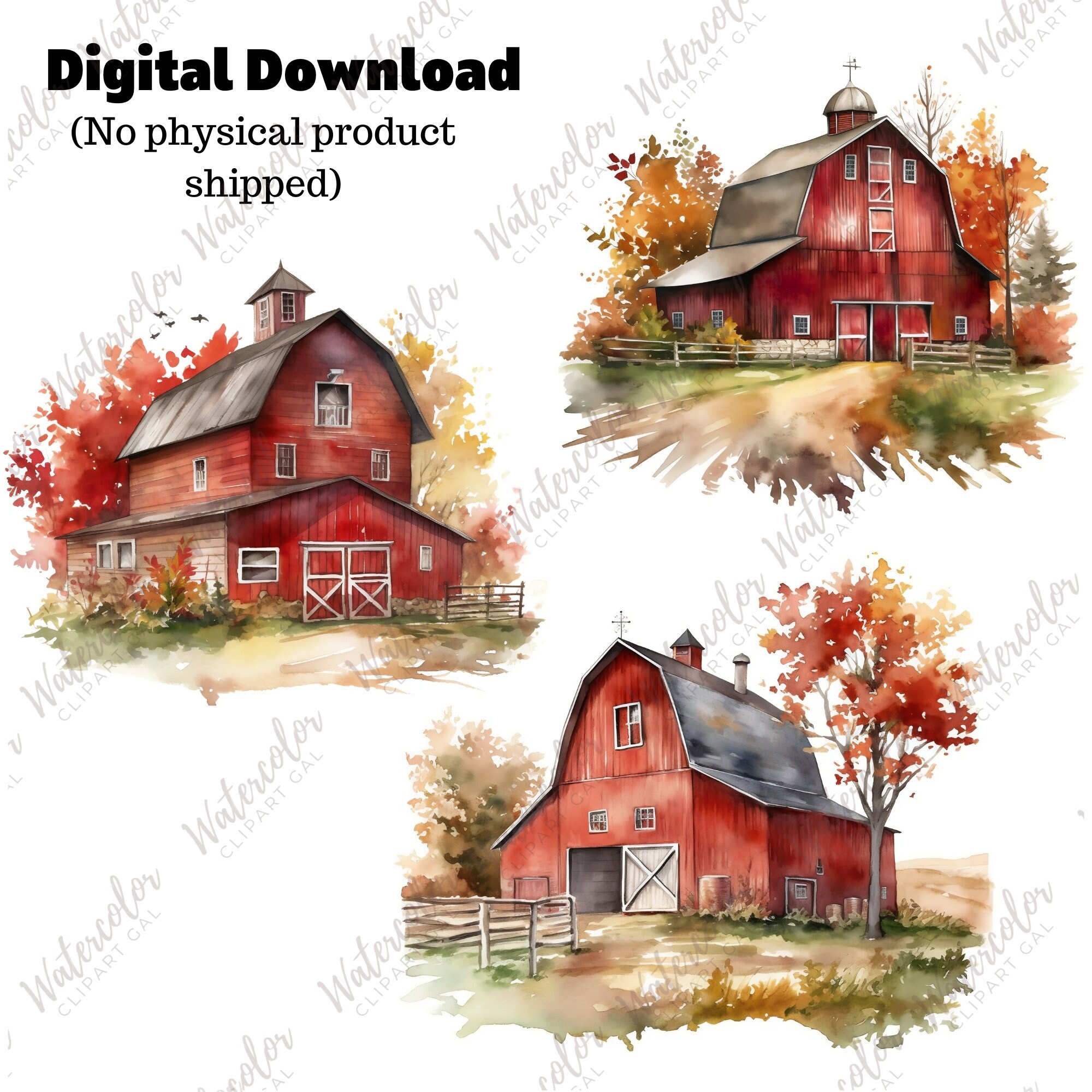 Autumn Fall Farm Red Barns Watercolor PNG Bundle Fall - Etsy