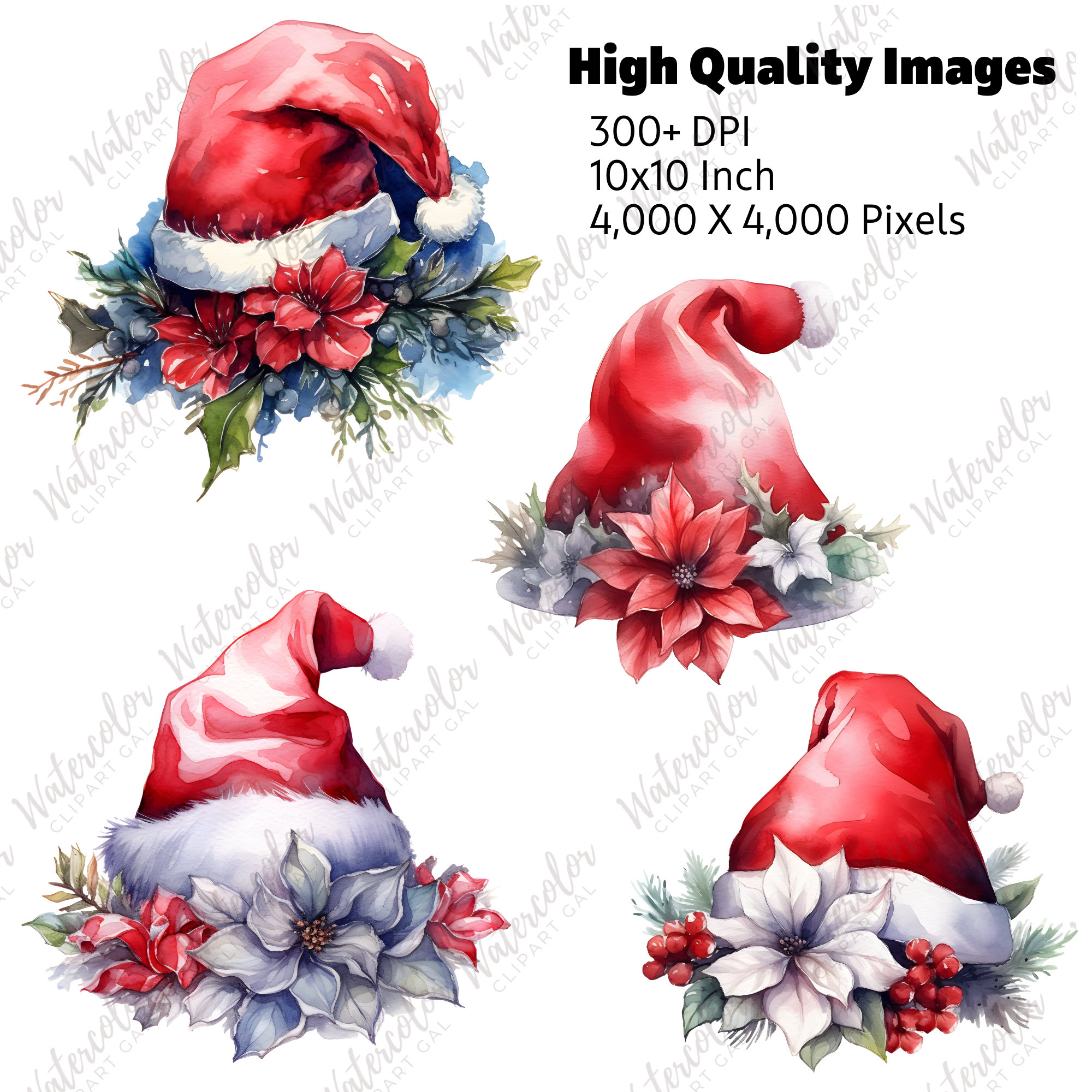 Floral Santa Hats Clipart PNG Watercolor Bundle Unique Santa Hat ...