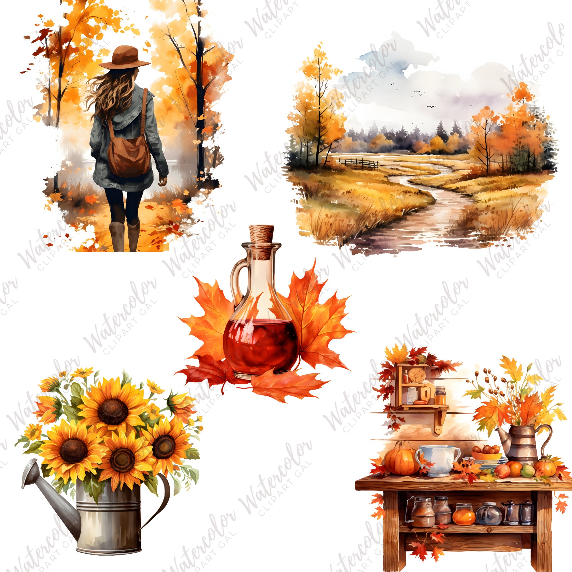 Fall Love PNG Watercolor Bundle Autumn Clipart Junk Journal Printable ...