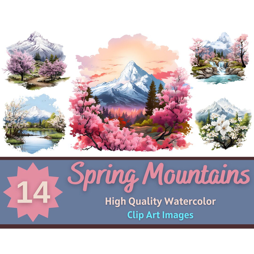 Spring Mountain Clipart Watercolors | Spring Clipart | Rustic Spring ...