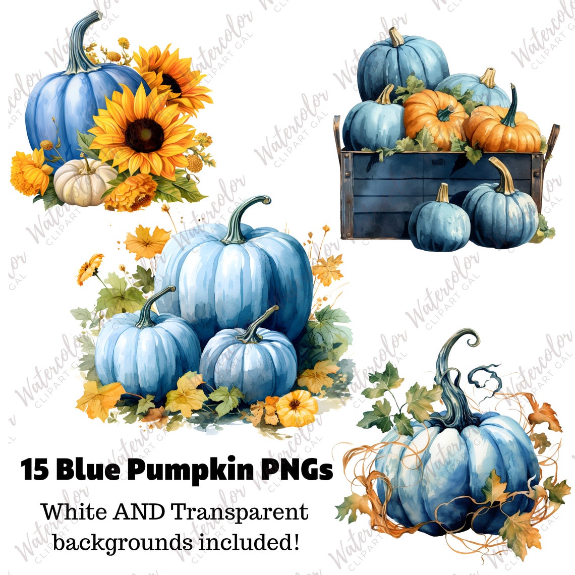 Fall Blue Pumpkins Watercolor PNG Bundle Halloween Blue - Etsy