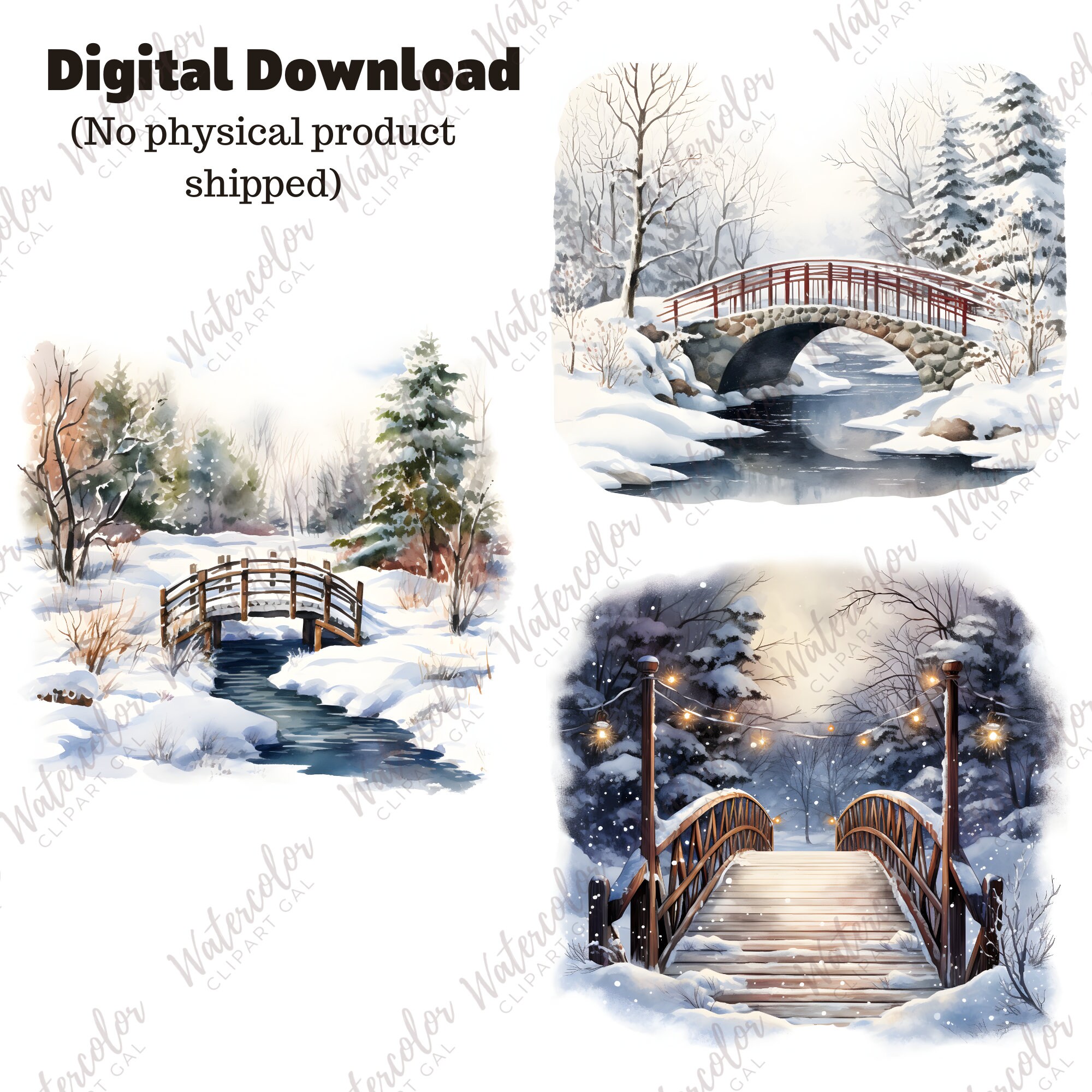 Winter Bridge Clipart Watercolor PNG | Winter Clipart | Rustic Winter ...