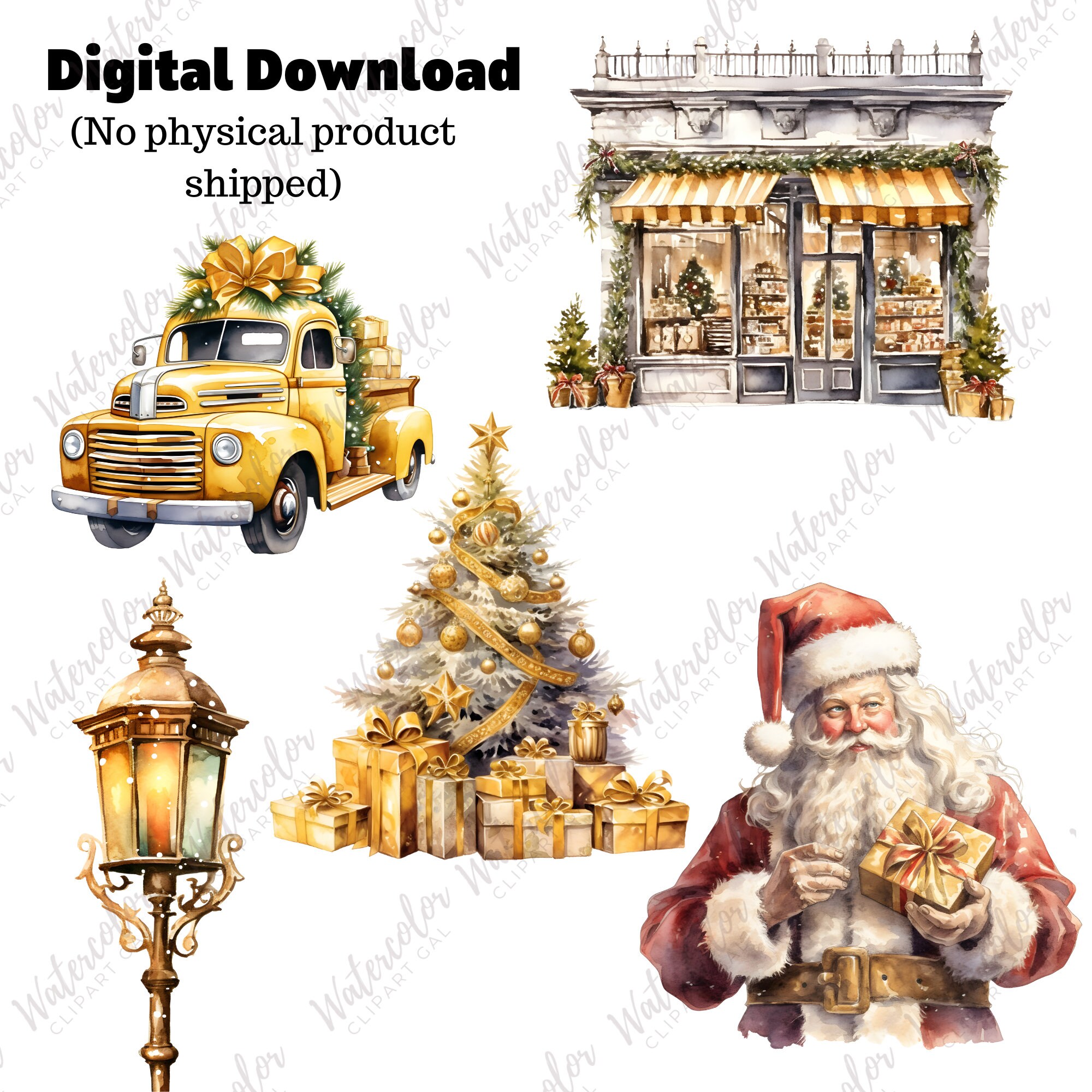 Watercolor Gold Christmas Clipart PNG Bundle Golden Christmas Card ...