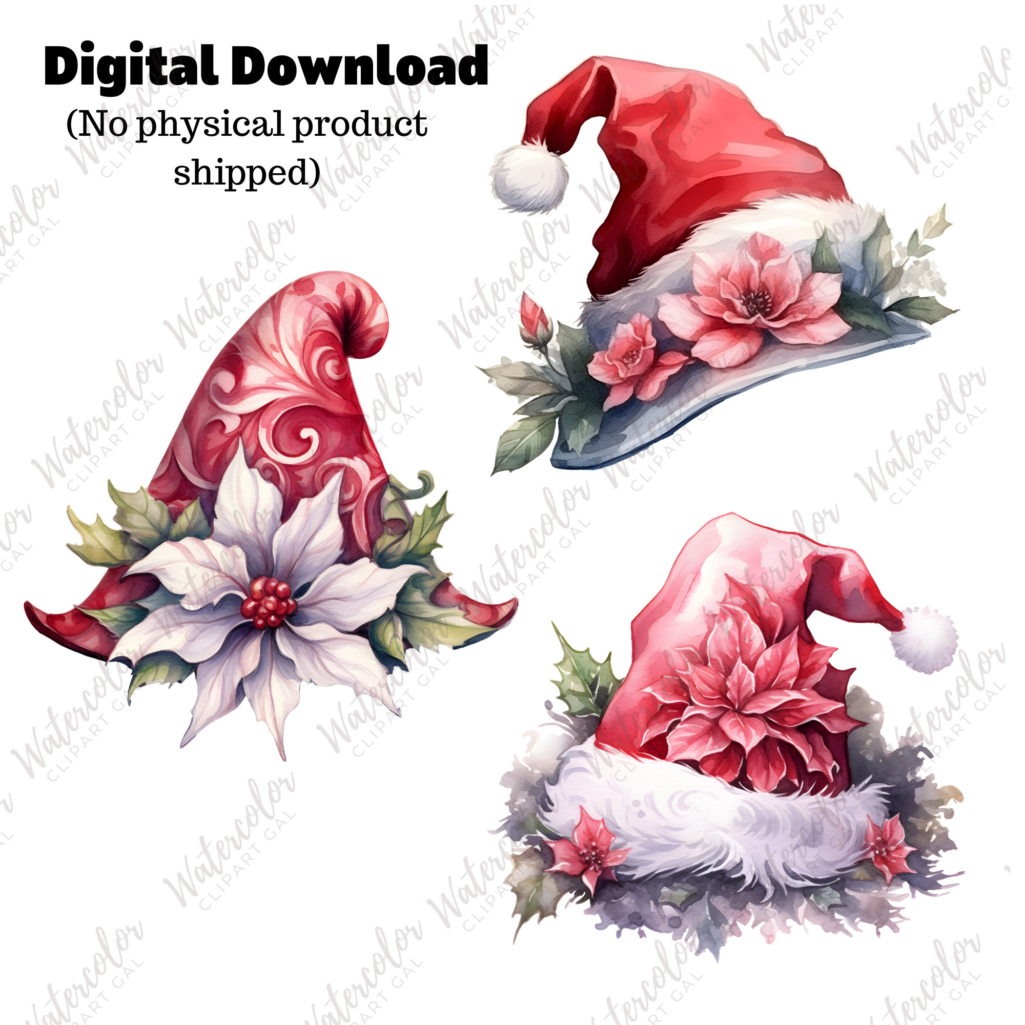 Floral Santa Hats Clipart PNG Watercolor Bundle Unique Santa Hat ...