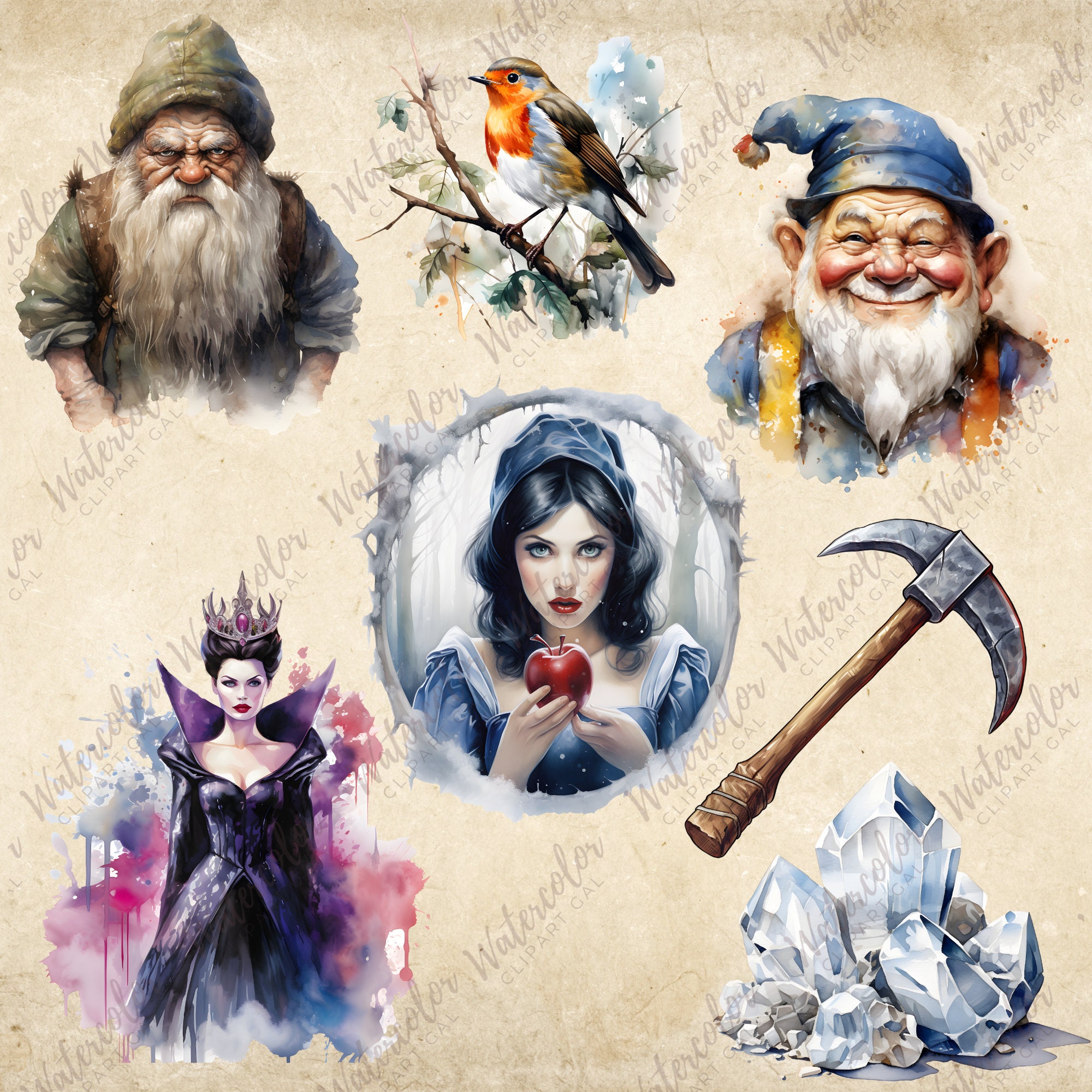 Snow White PNG Watercolor Bundle Snow White Clipart Fairytale Princess ...