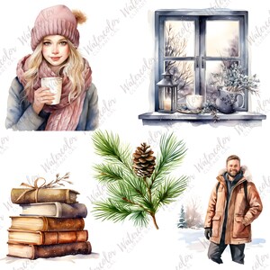 Cozy Winter Clipart Watercolor PNG | Cold Winter Scene | Rustic Winter ...