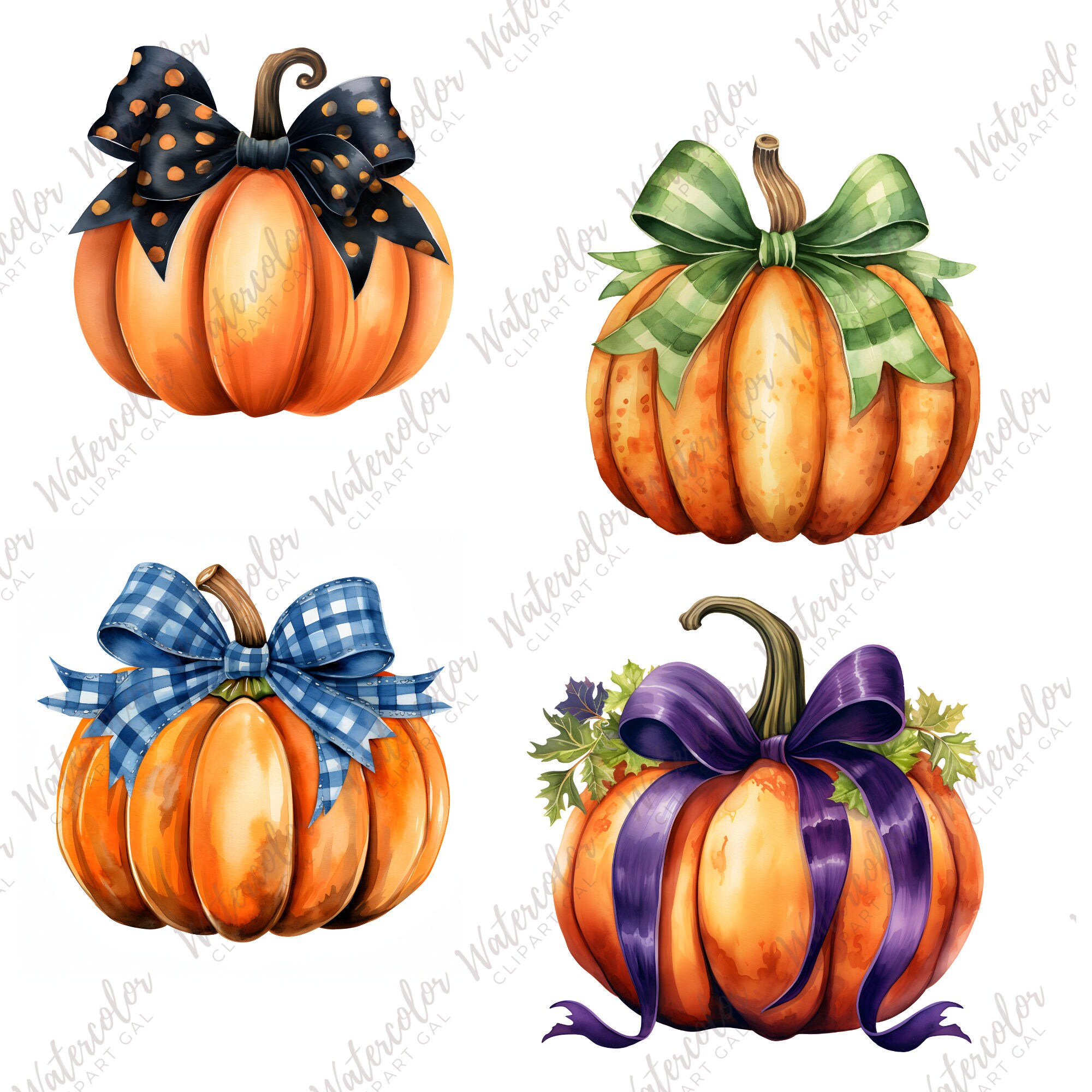 Fall Pumpkins With Bows Watercolor PNG Bundle Cottagecore - Etsy