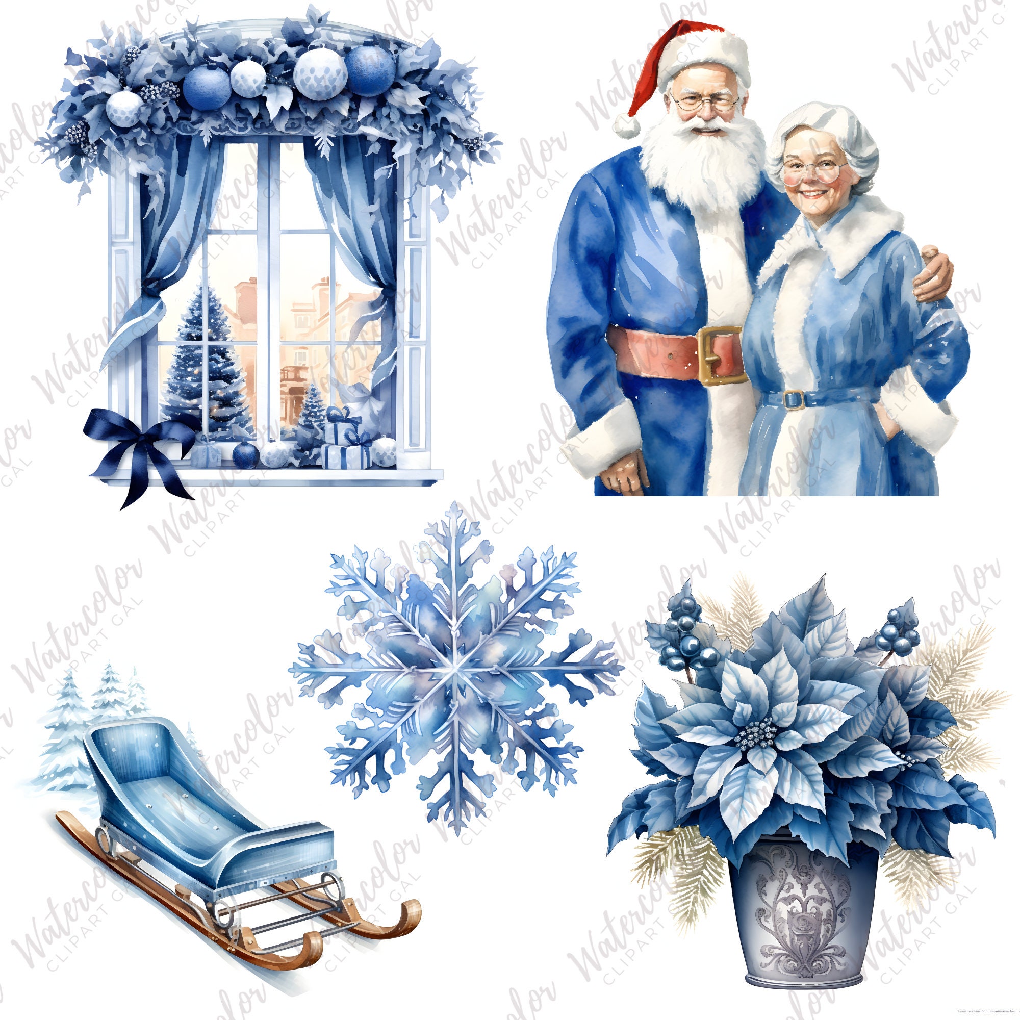 Watercolor Blue Christmas Clipart PNG Bundle Christmas Card - Etsy