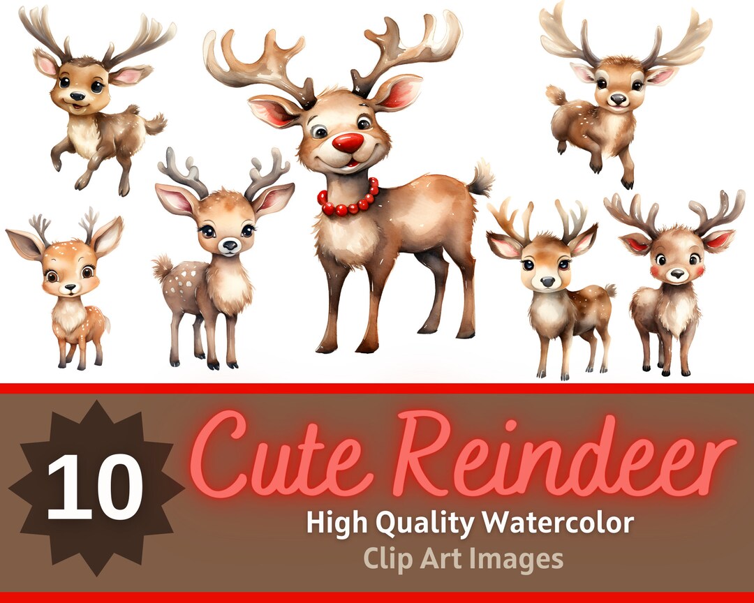 Santa's Reindeer Clipart PNG Watercolor Bundle Cute - Etsy