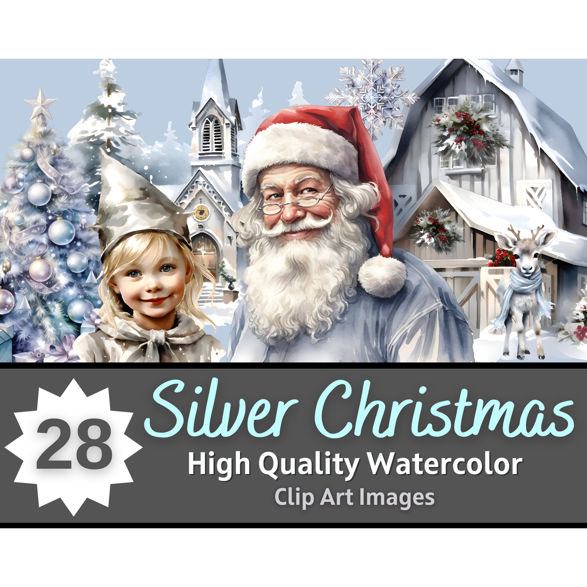 Watercolor Silver Christmas Clipart PNG Bundle Christmas Card Clipart ...