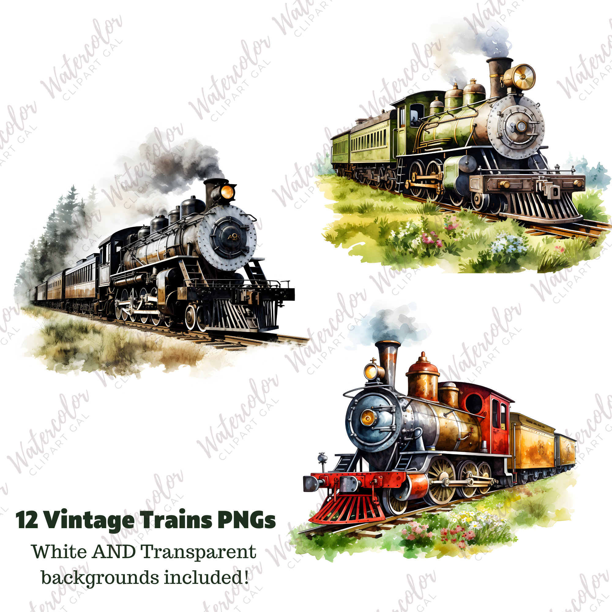 Watercolor Train Clipart PNG Bundle Vintage Train PNG Steam Train Art ...