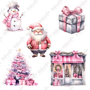Watercolor Pink Christmas Clipart PNG Bundle - Pink Winter Christmas ...