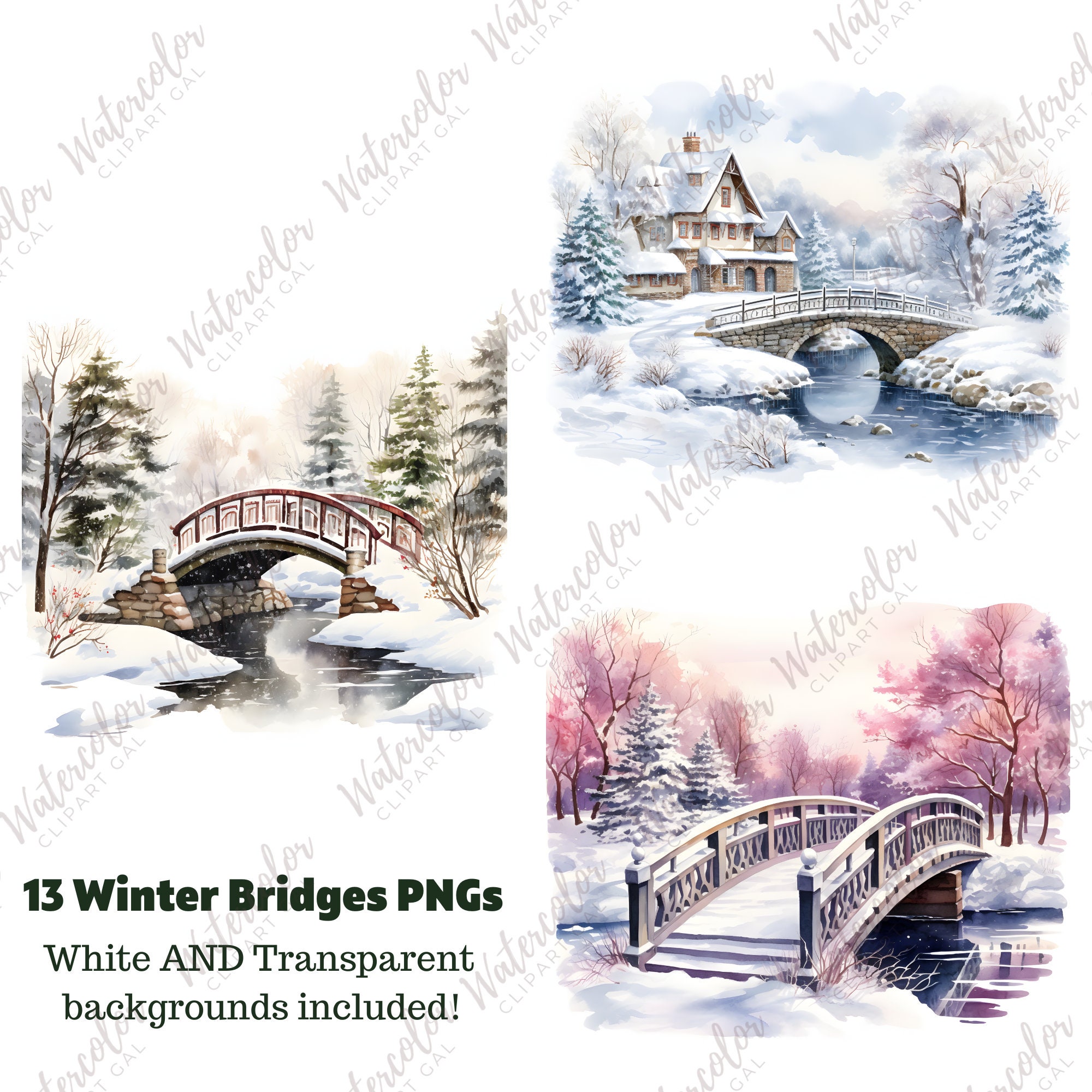 Winter Bridge Clipart Watercolor PNG Winter Clipart Rustic Winter ...
