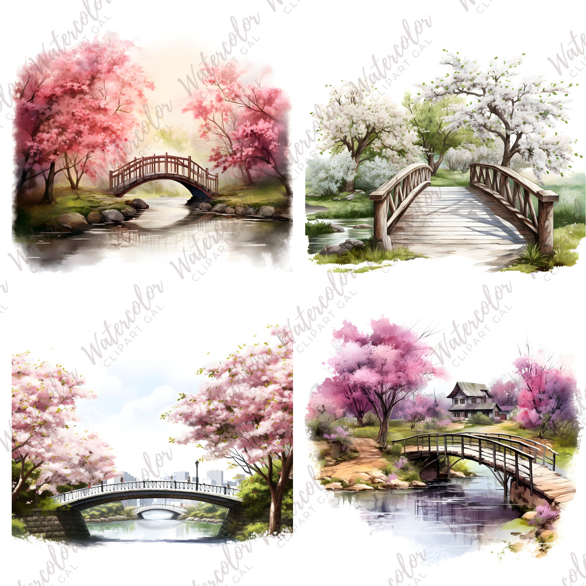Spring Bridge Clipart Watercolor Bundle Spring Clipart Rustic Spring ...