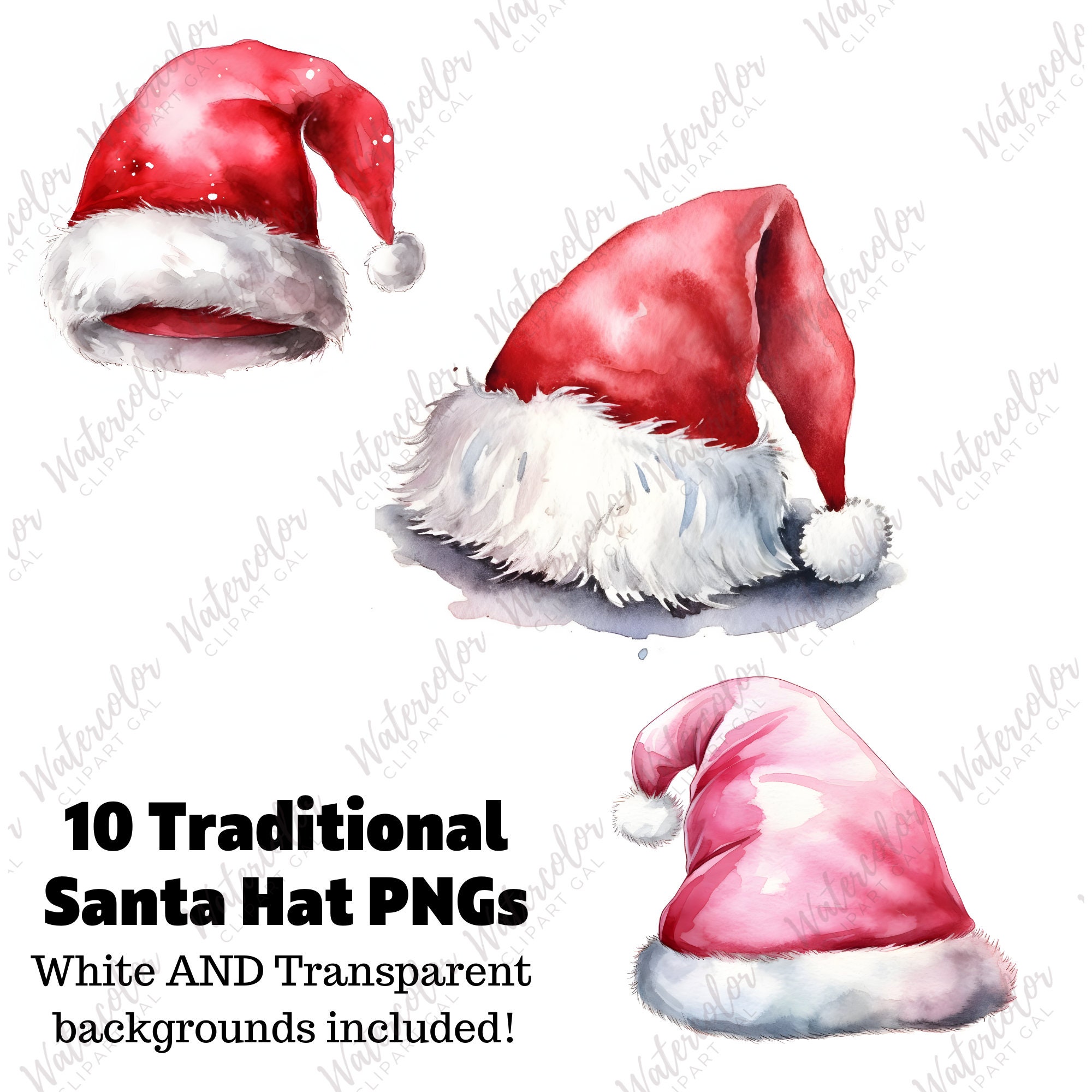 Watercolor Santa Hats Clipart PNG Bundle Christmas Card Clipart Holiday ...